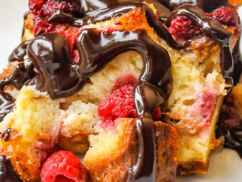 Raspberry Chocolate Bread Pudding. An indulgent comfort food dessert!