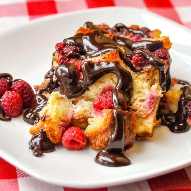 Raspberry Chocolate Bread Pudding. An indulgent comfort food dessert!