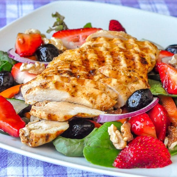 Strawberry Balsamic Salad with Grilled Lime Cumin Chicken and Walnuts