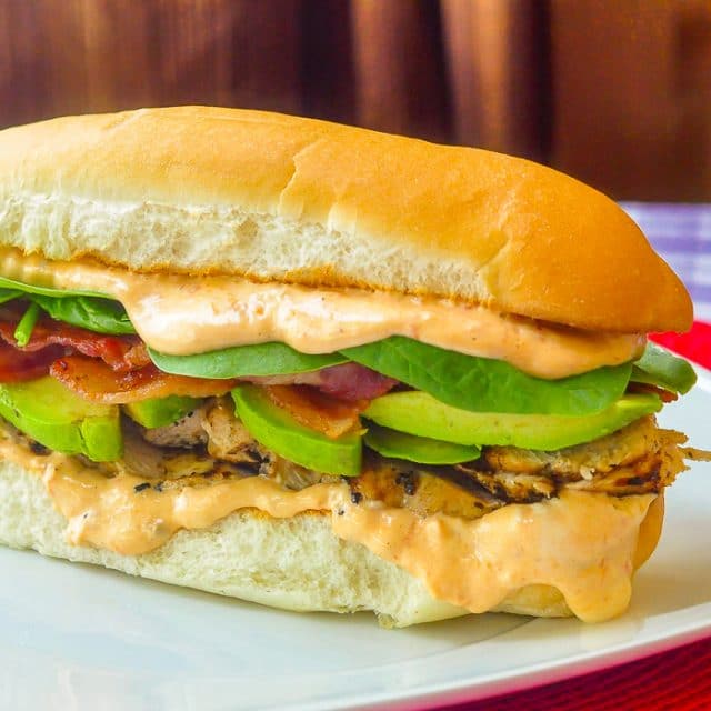 Grilled Chicken Avocado Club Sub with Spicy Sundried Tomato Mayo