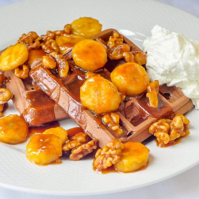 Chocolate Caramel Walnut Banana Waffles. A most decadent brunch!