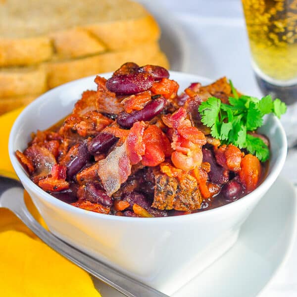 Prime Rib Beer Bacon Chili - a leftover luxury meal.