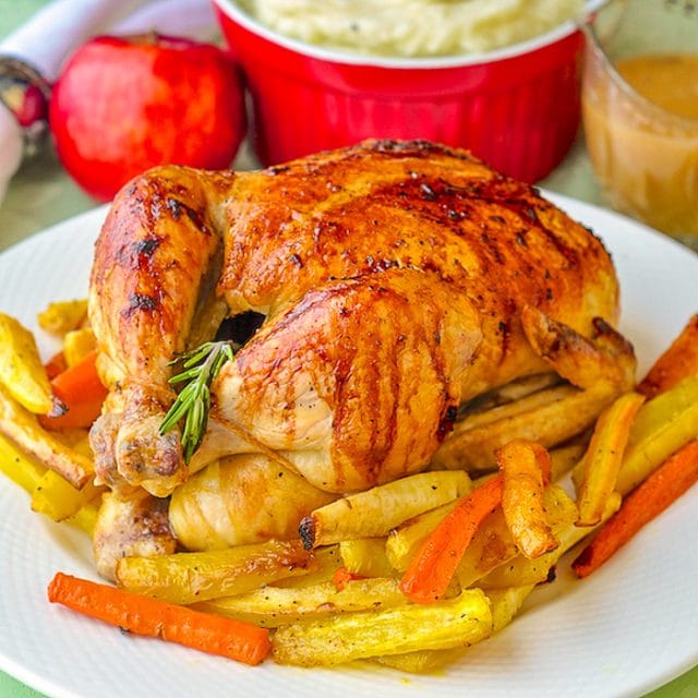 Apple Shallot Roast Chicken. A deliciously different roast chicken!