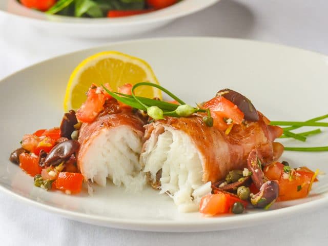 Prosciutto Wrapped Cod with Mediterranean Salsa
