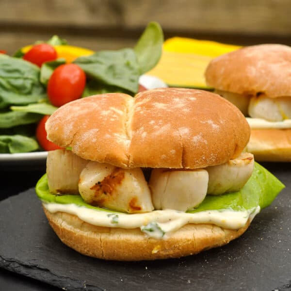 Grilled Scallops with Lemon Basil Mayo on D'Italiano Brizzolio Buns.