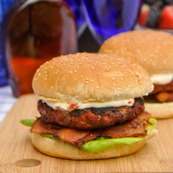 Barbecue Spice Pork Burger with Maple Bacon & garlic chili mayo!