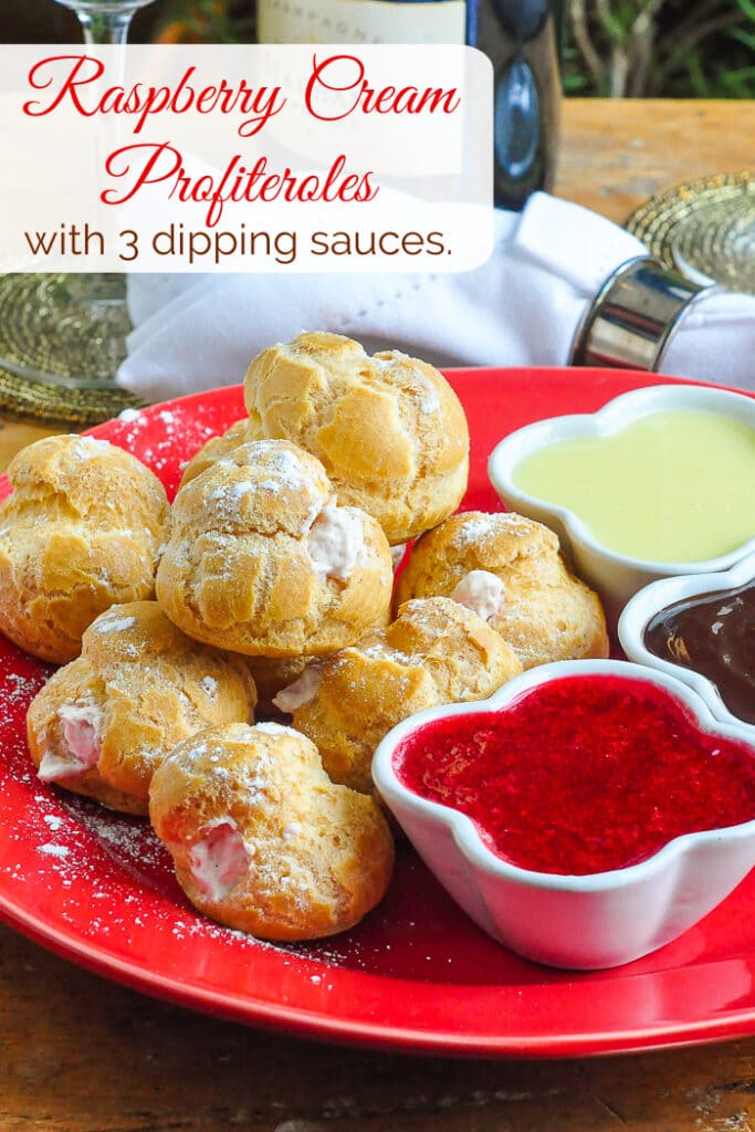 Raspberry Cream Profiteroles with 3 Dipping Sauces, perfect for sharing