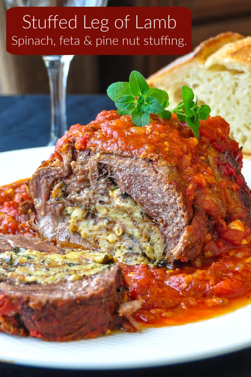 Stuffed Leg of Lamb. Tomato braised. Spinach feta pine nut stuffing