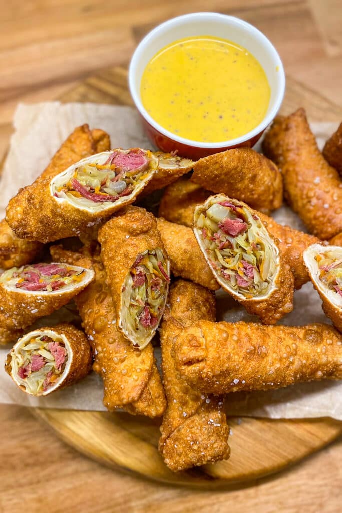 Corned Beef & Cabbage Egg Rolls with Cheddar Mustard Dip!