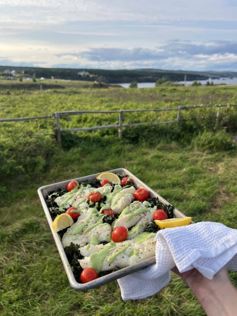 Sheet Pan Cod with Roasted Kale and Green Goddess Dressing - Rock Recipes