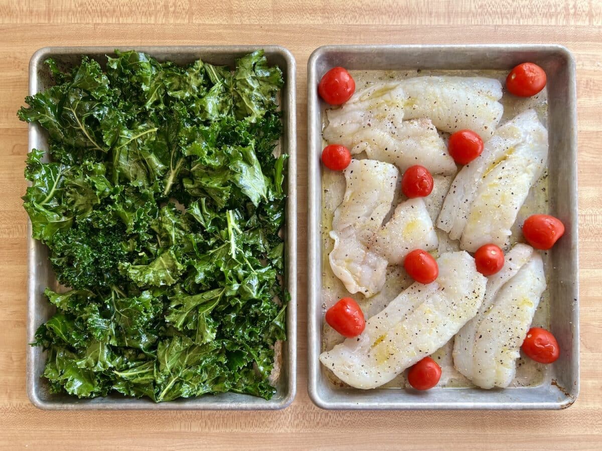 Sheet Pan Cod with Roasted Kale and Green Goddess Dressing - Rock Recipes