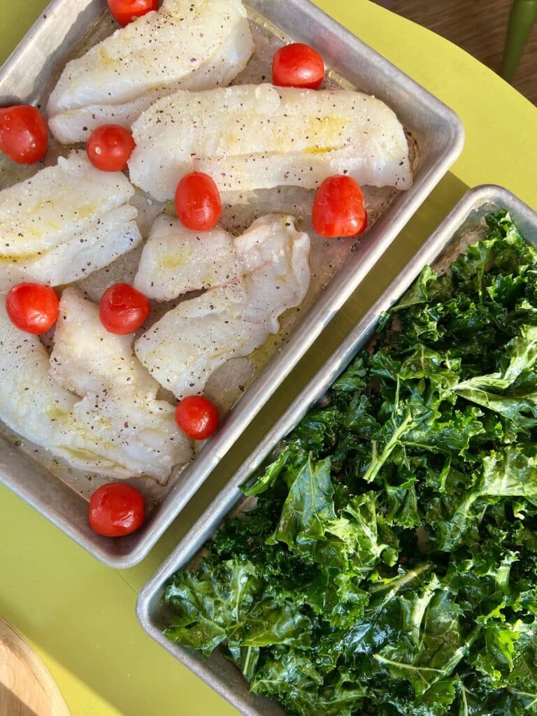 Sheet Pan Cod with Roasted Kale and Green Goddess Dressing - Rock Recipes
