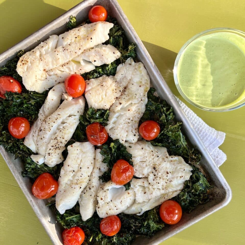 Sheet Pan Cod with Roasted Kale and Green Goddess Dressing - Rock Recipes